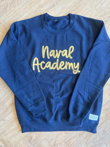 CURSIVE GOLD METALLIC NAVAL ACADEMY - NAVY GILDAN CREW – H.FLYNN